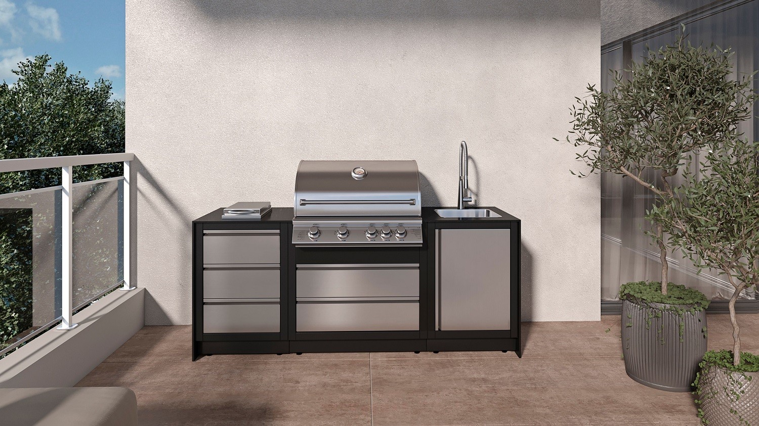 ZUREL מטבח חוץ דגם בוסטון שחור מט מגורגר משולב נירוסטה - אורך כ - 2.14 ...