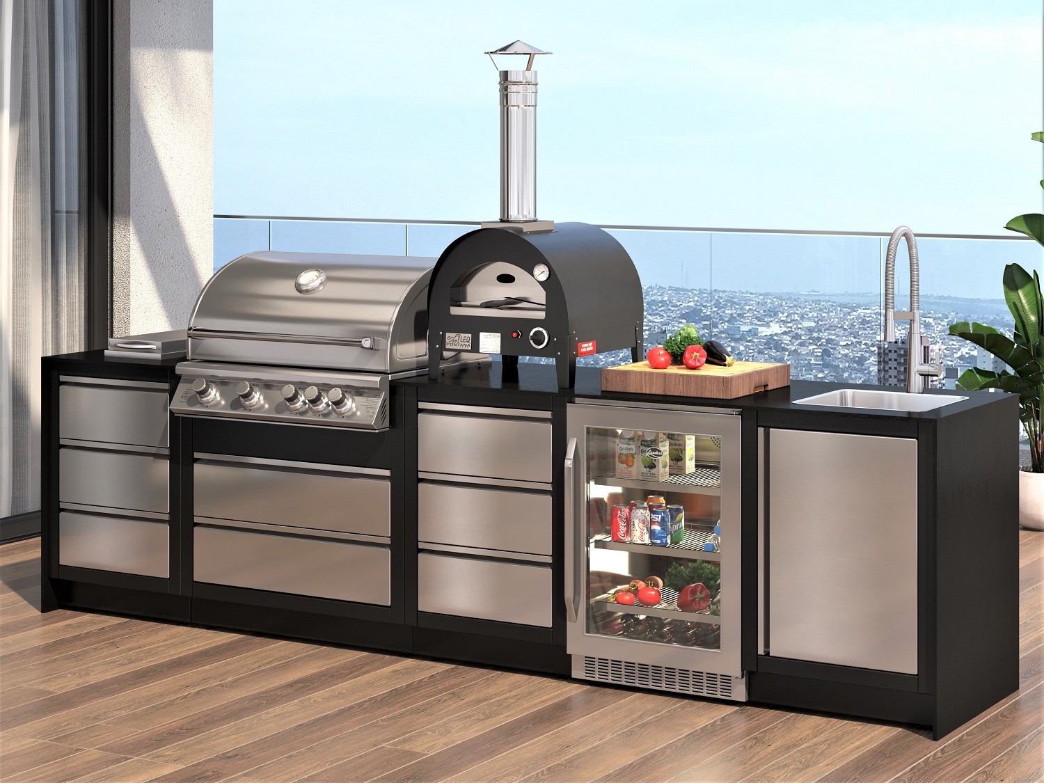 ZUREL מטבח חוץ דגם רומא שחור מט מגורגר משולב נירוסטה - אורך כ - 3.36 ס ...